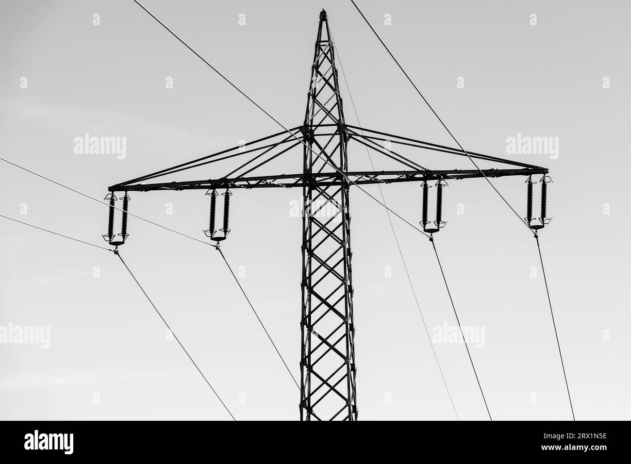 Overhead line, power line, SW image, Baden-Wuerttemberg, Germany Stock ...