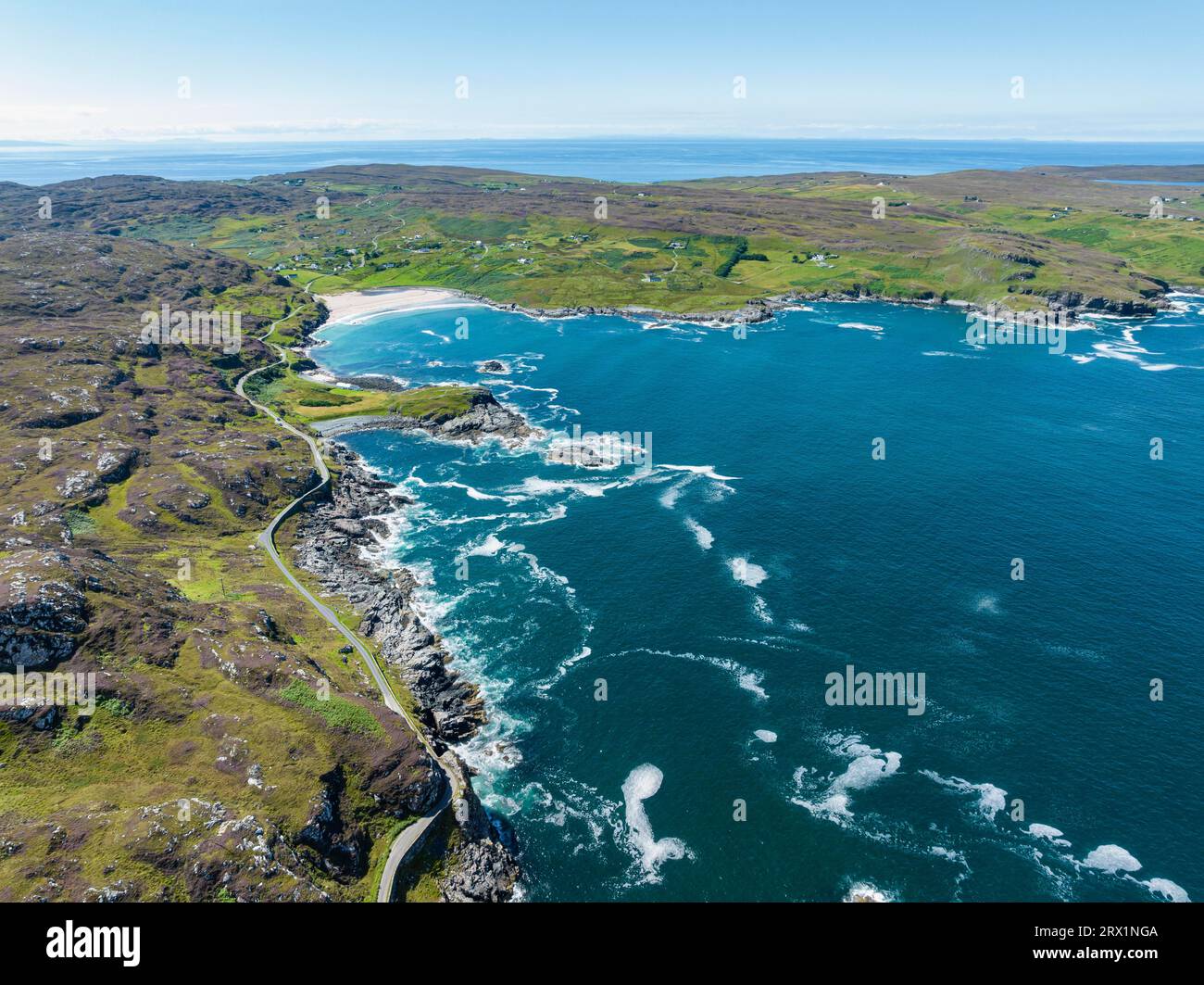 Aerial view of Clashnessie Bay and the single track road and scenic ...