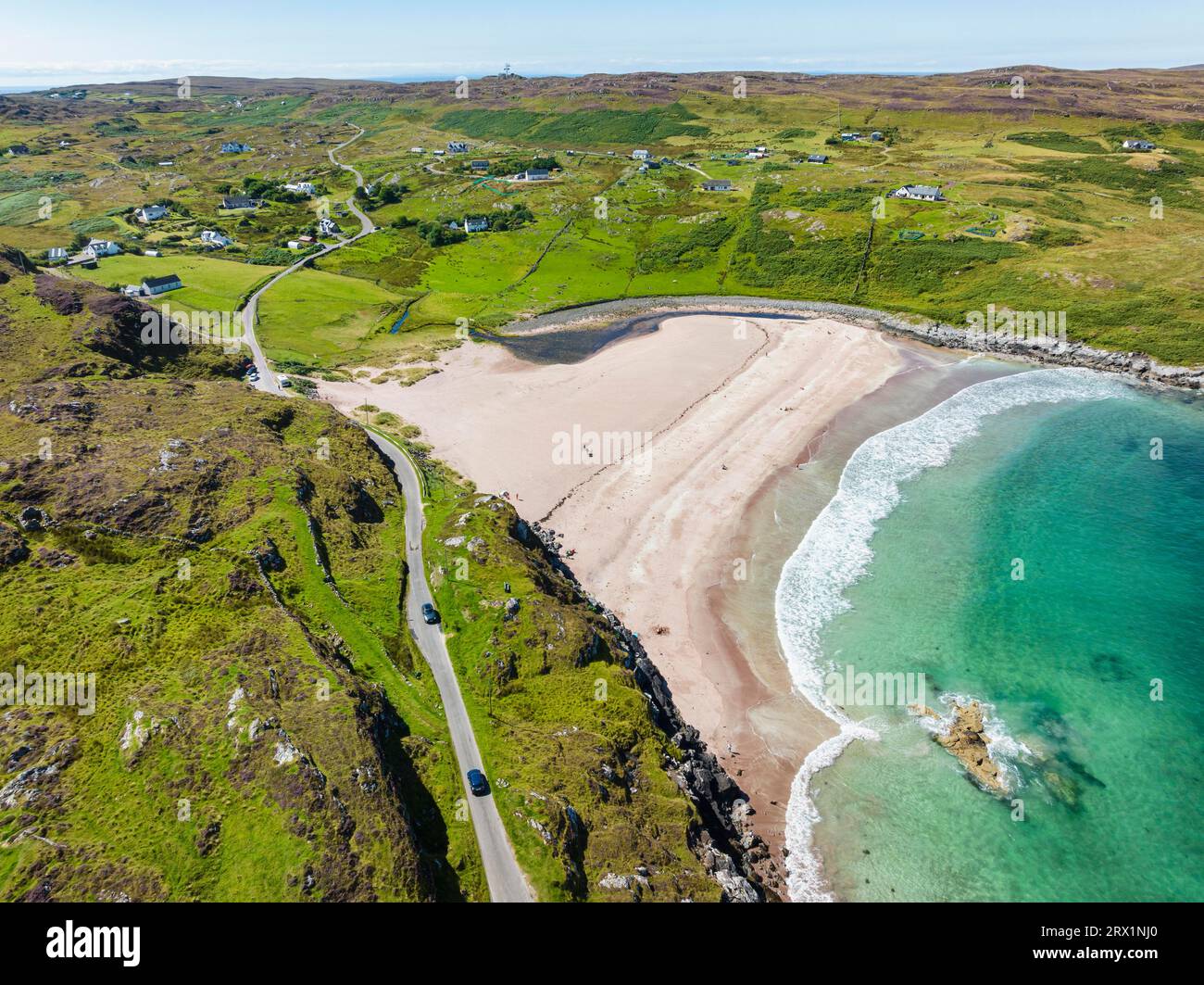 Aerial view of Clashnessie Bay and the single track road and scenic ...