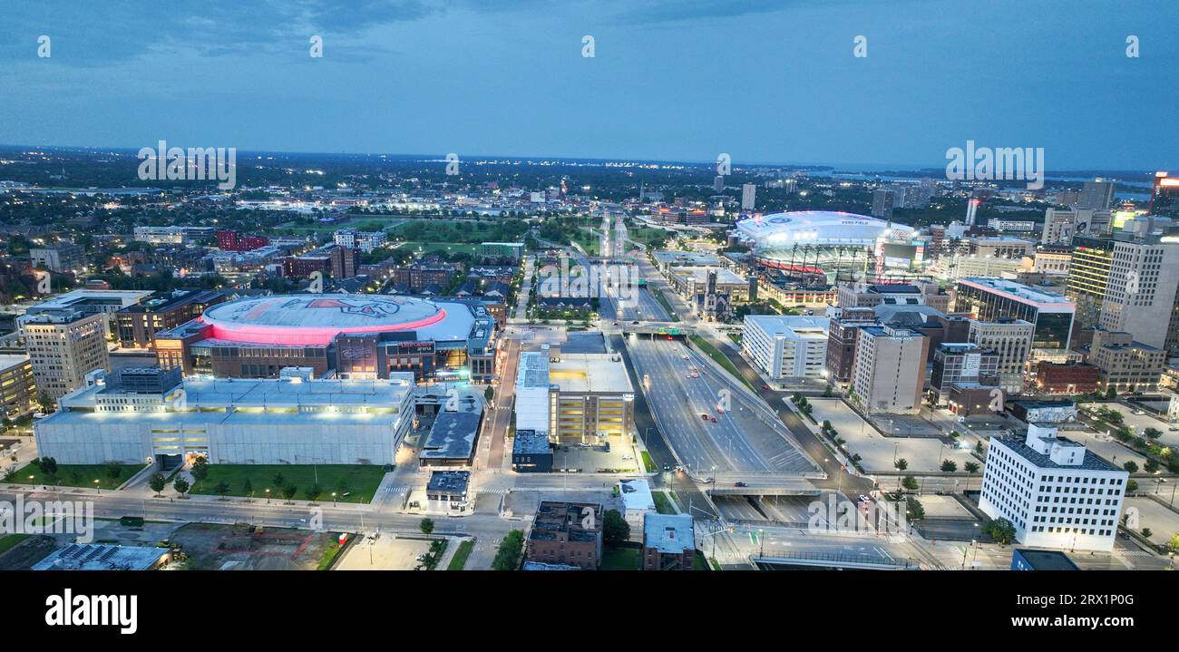 An aerial view of the cityscape of Detroit, Michigan, USA illuminated ...