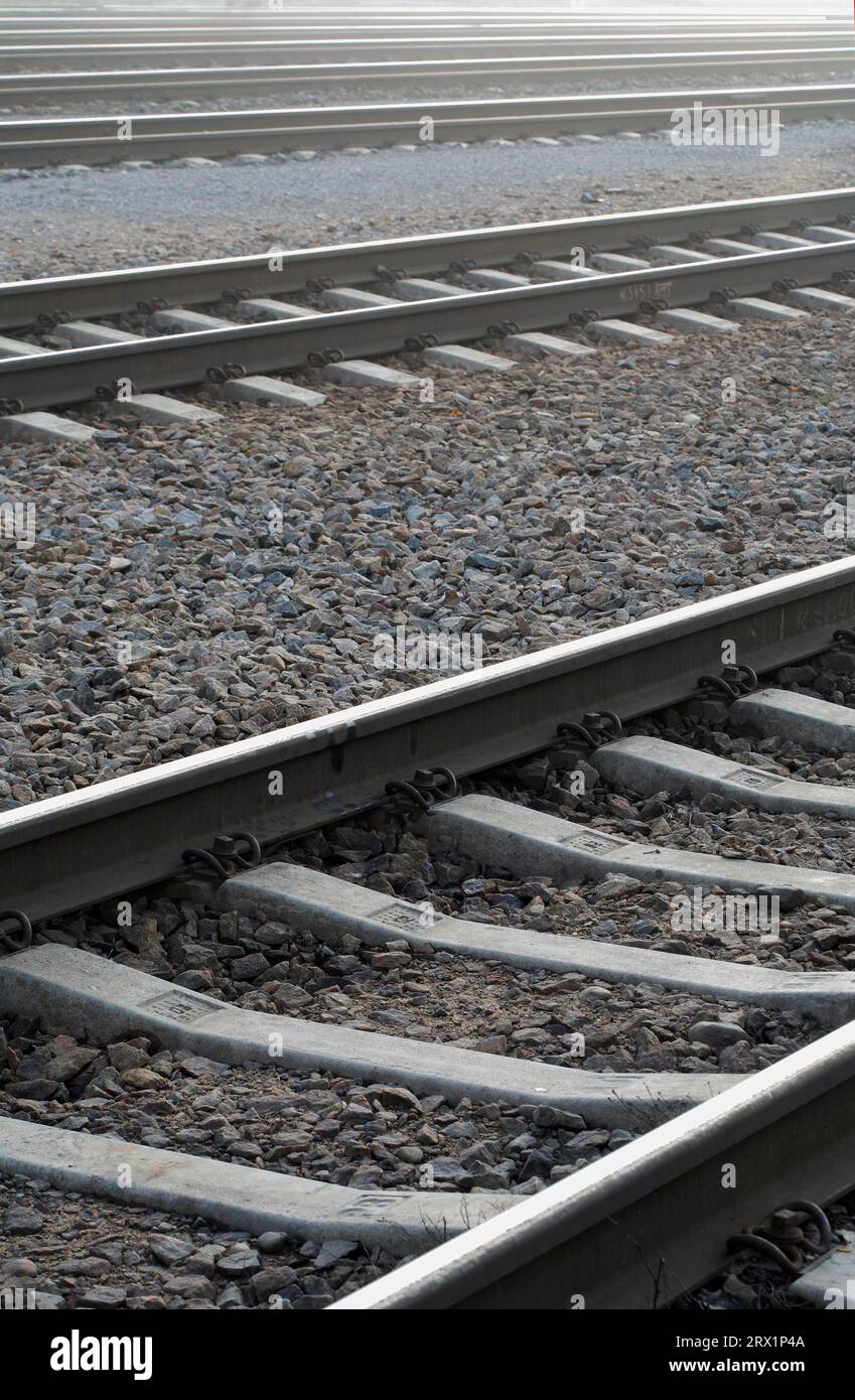 Modern railroad rails in mist Stock Photo - Alamy