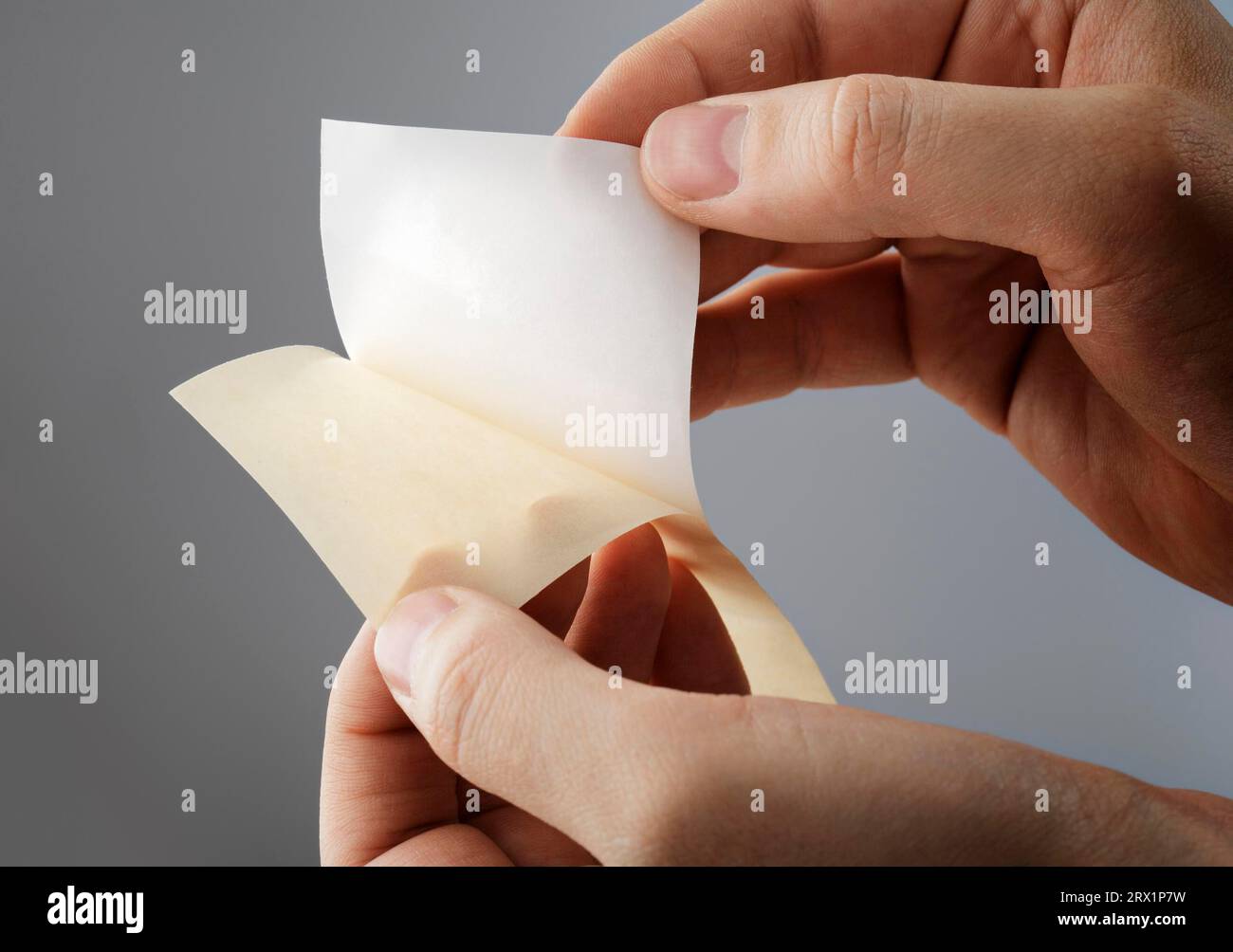 Pulling away a sticker from its backing paper aka. release paper Stock ...