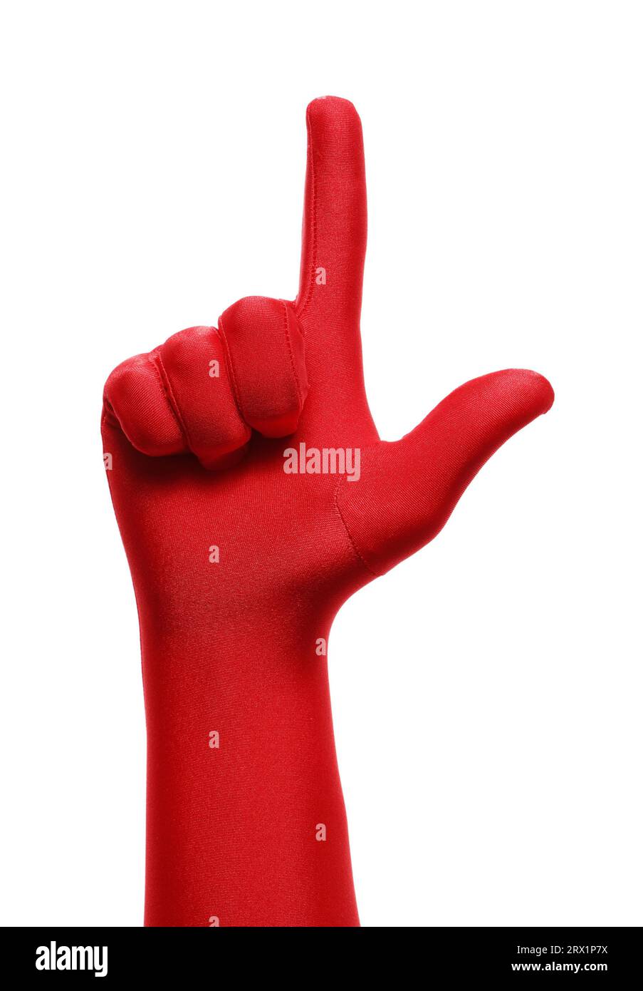 Strange hand with red glove pointing with a finger Stock Photo - Alamy