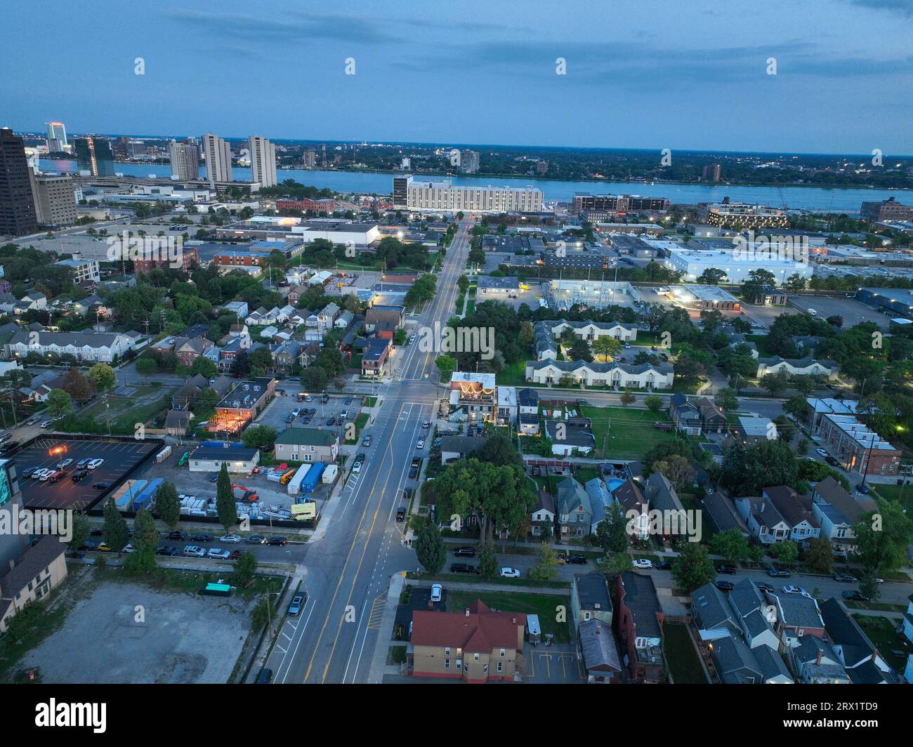 An aerial view of the cityscape of Detroit, Michigan, USA in twilight ...