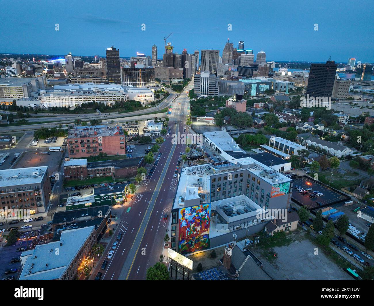 An aerial view of the cityscape of Detroit, Michigan, USA in twilight ...