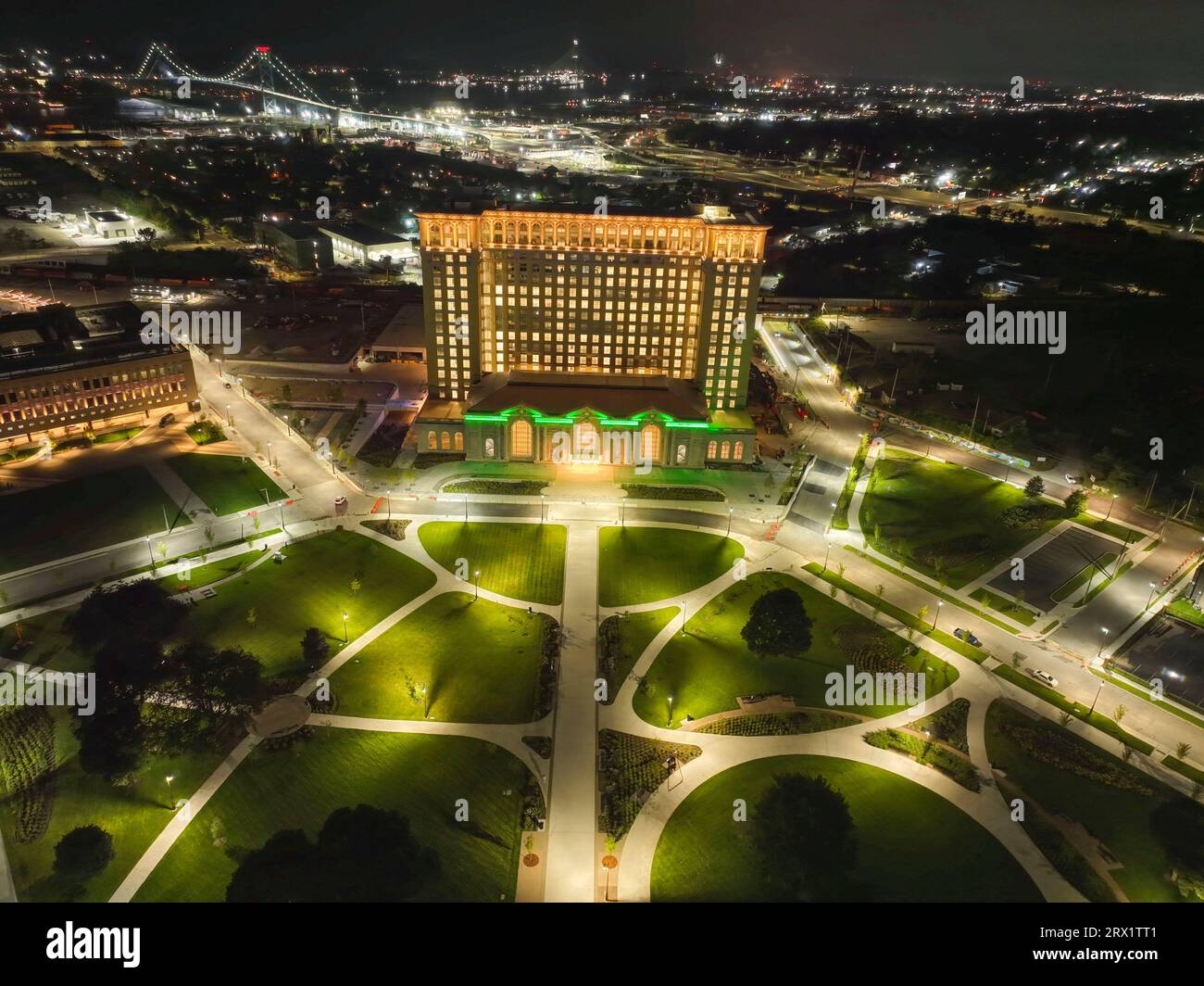 An aerial view of the cityscape of Detroit, Michigan, USA illuminated ...