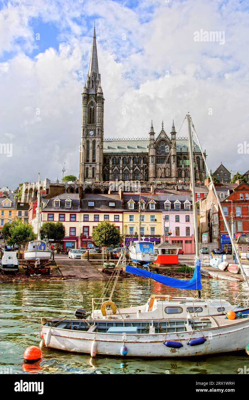 Cobh town and St. Colman's Neo-Gothic cathedral in Ireland, Cork County ...