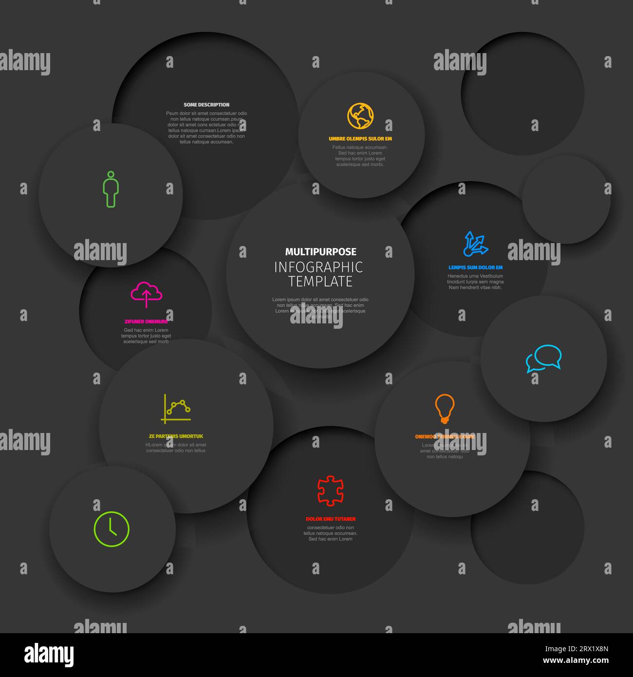 Vector Minimalist dark infographic report template with circle mosaic filled with various ...