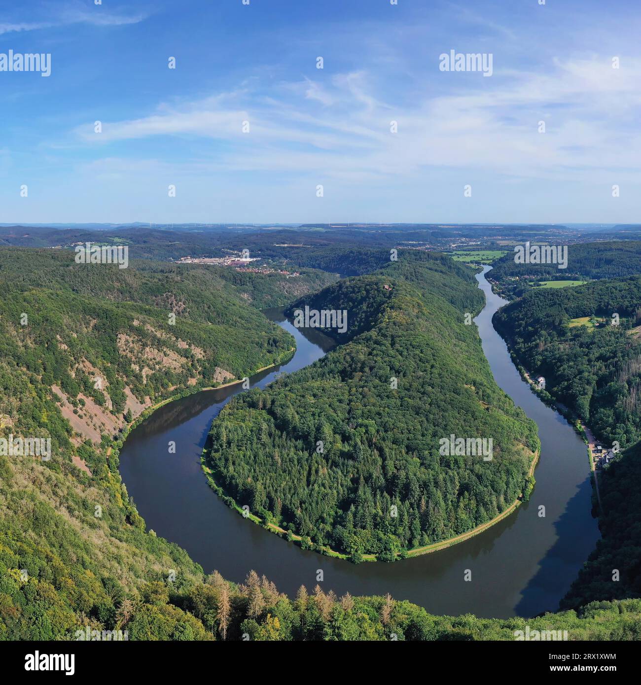 Aerial view of the Saar Loop. The Saar winds through the valley and is ...