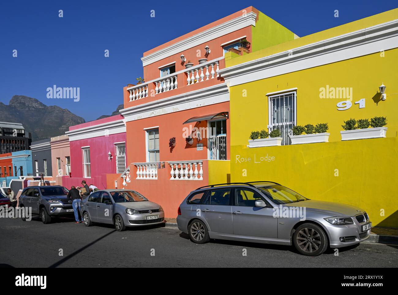 Colourful house facades in De Waal Street, Wale Street, Bo-Kaap or ...