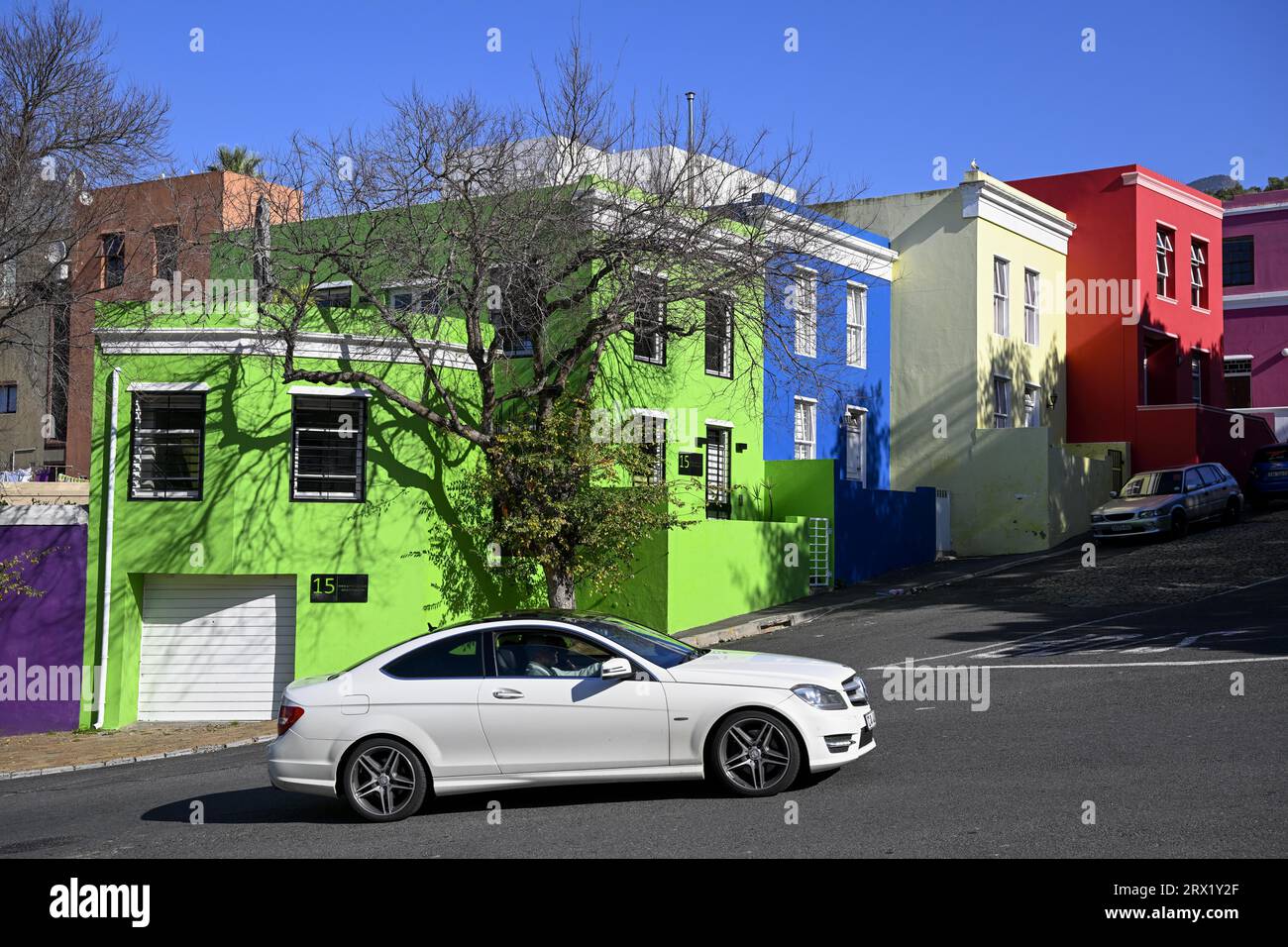 Colourful house facades in De Waal Street, Wale Street, Bo-Kaap or ...