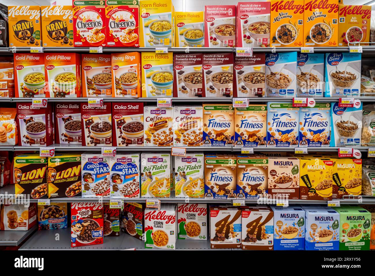 Italy - August 14, 2023: Flakes of various types and brands in boxes ...