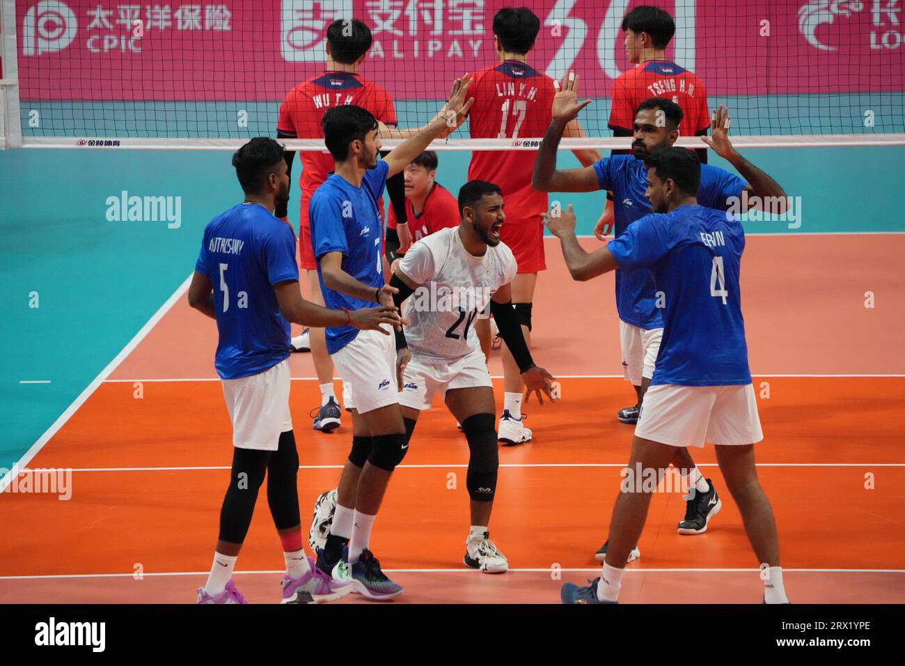 SHAOXING, Sept. 22, 2023 (Xinhua) -- Players of India celebrate scoring ...