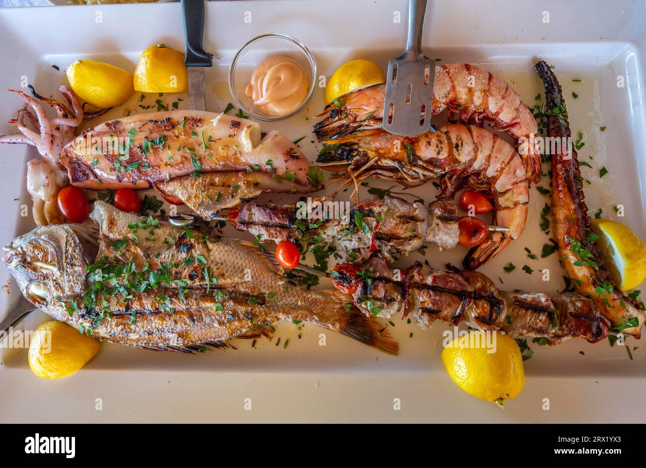 Large, Greek seafood platter, seafood, cuttlefish, octopus, sea bass ...