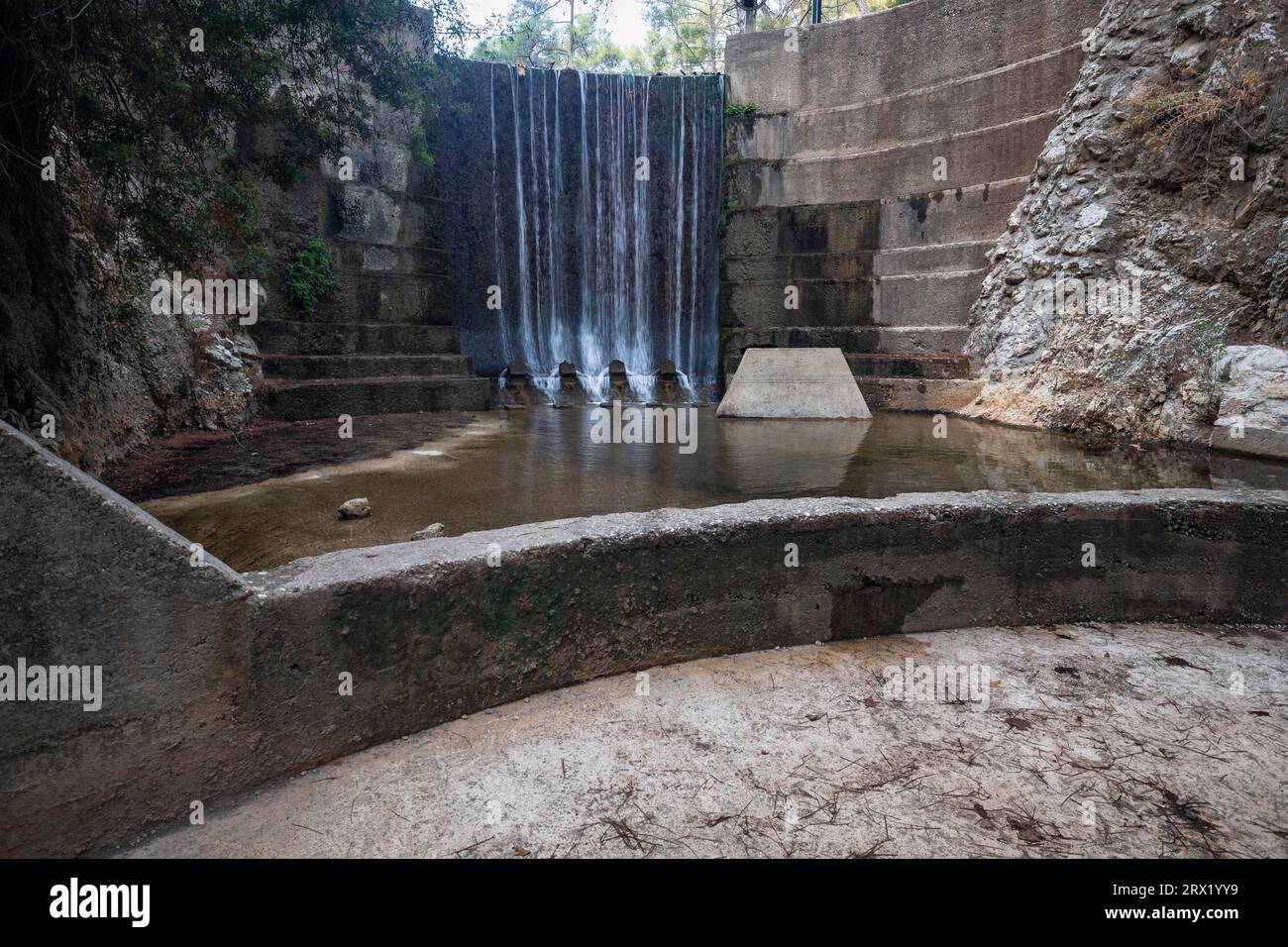 Waterfall at the reservoir, Epta Piges - The Seven Springs, Rhodes ...