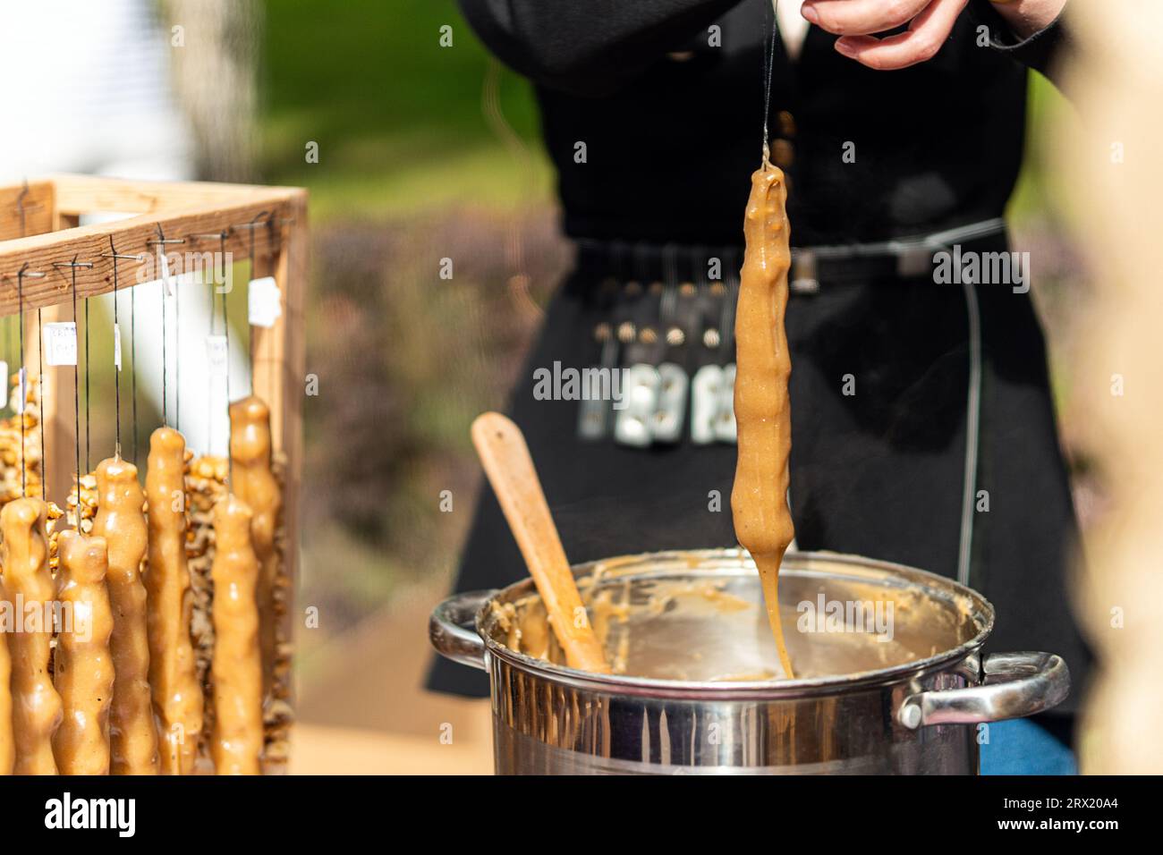 Close-up: hands preparing the base for churchkhela. Walnut in a row on ...