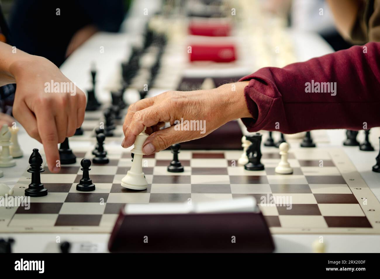 Playing Chess, Child and Senior Hands, Kid Boy Moving Pawn Piece, Man ...