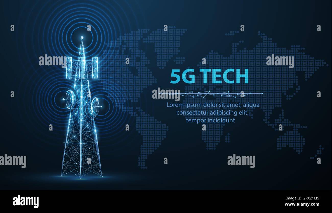 Abstract antenna mast with world map. 5G technology, telecommunication ...