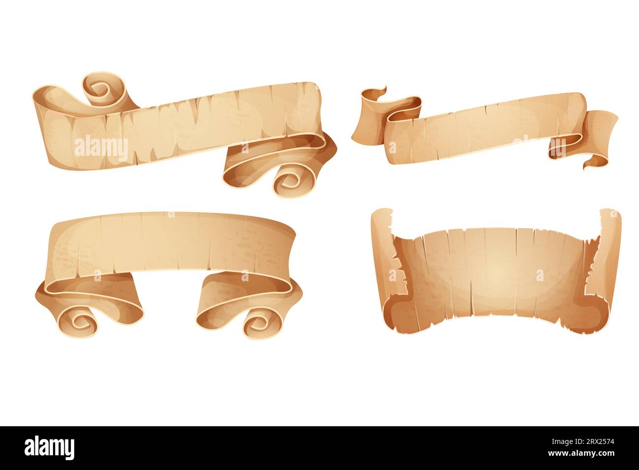 Set Parchment paper scroll ribbon, old vintage banner game ui element in cartoon style isolated ...