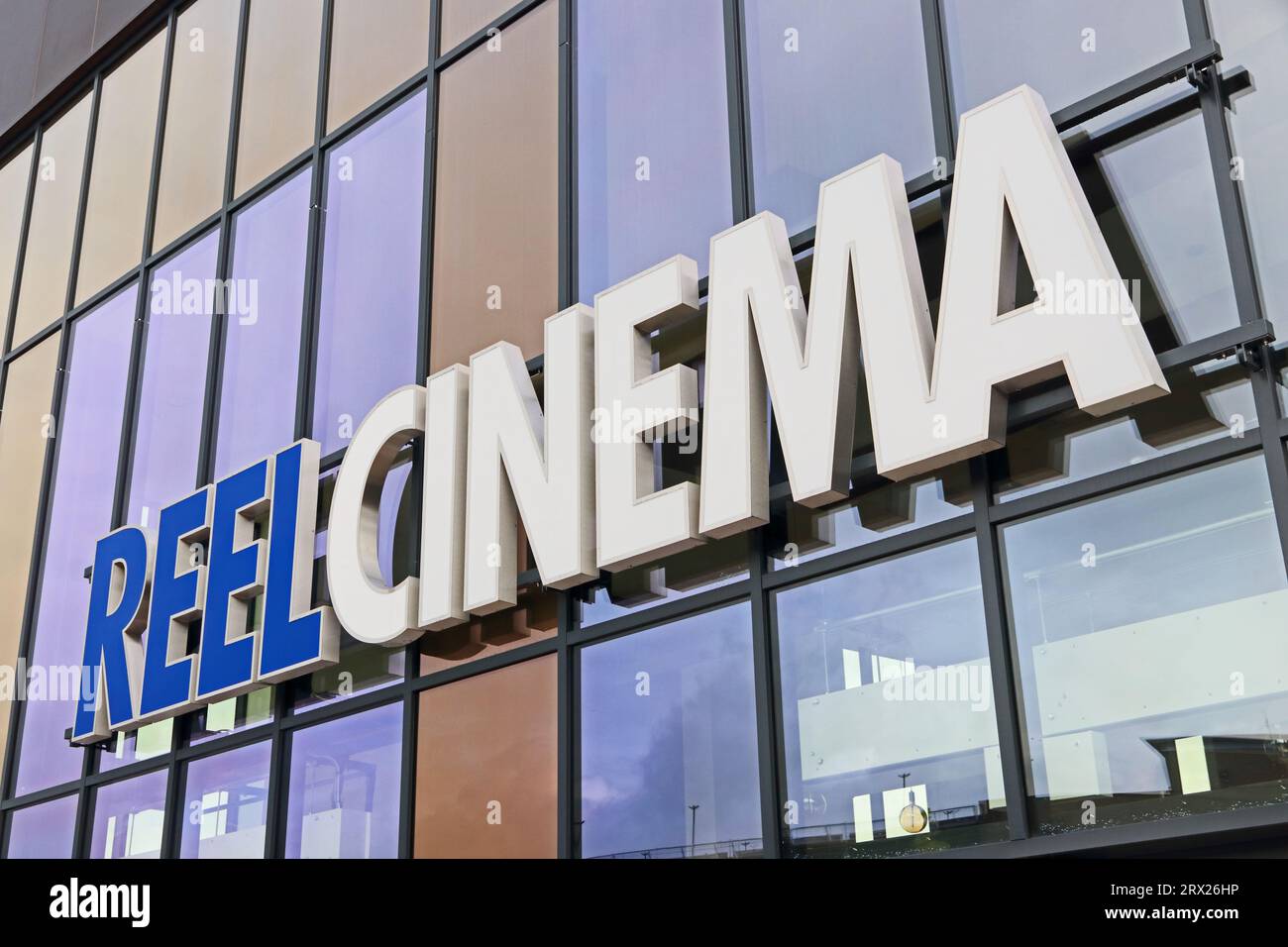 Sign over entrance to Reel Cinema, Burnley Stock Photo - Alamy
