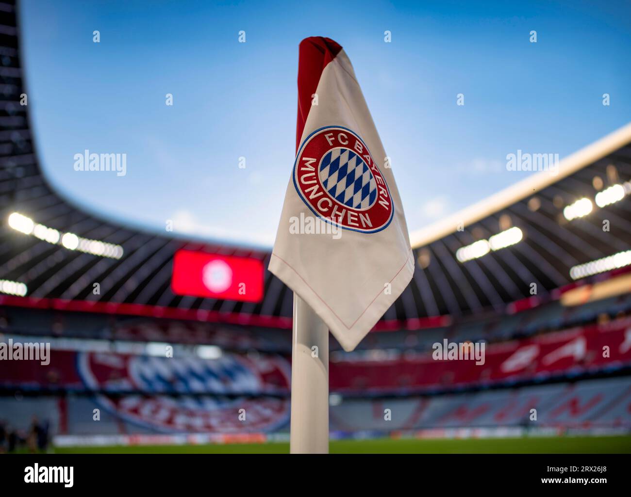 Corner flag, scoreboard, logo, FC Bayern, grandstand, blue hour ...