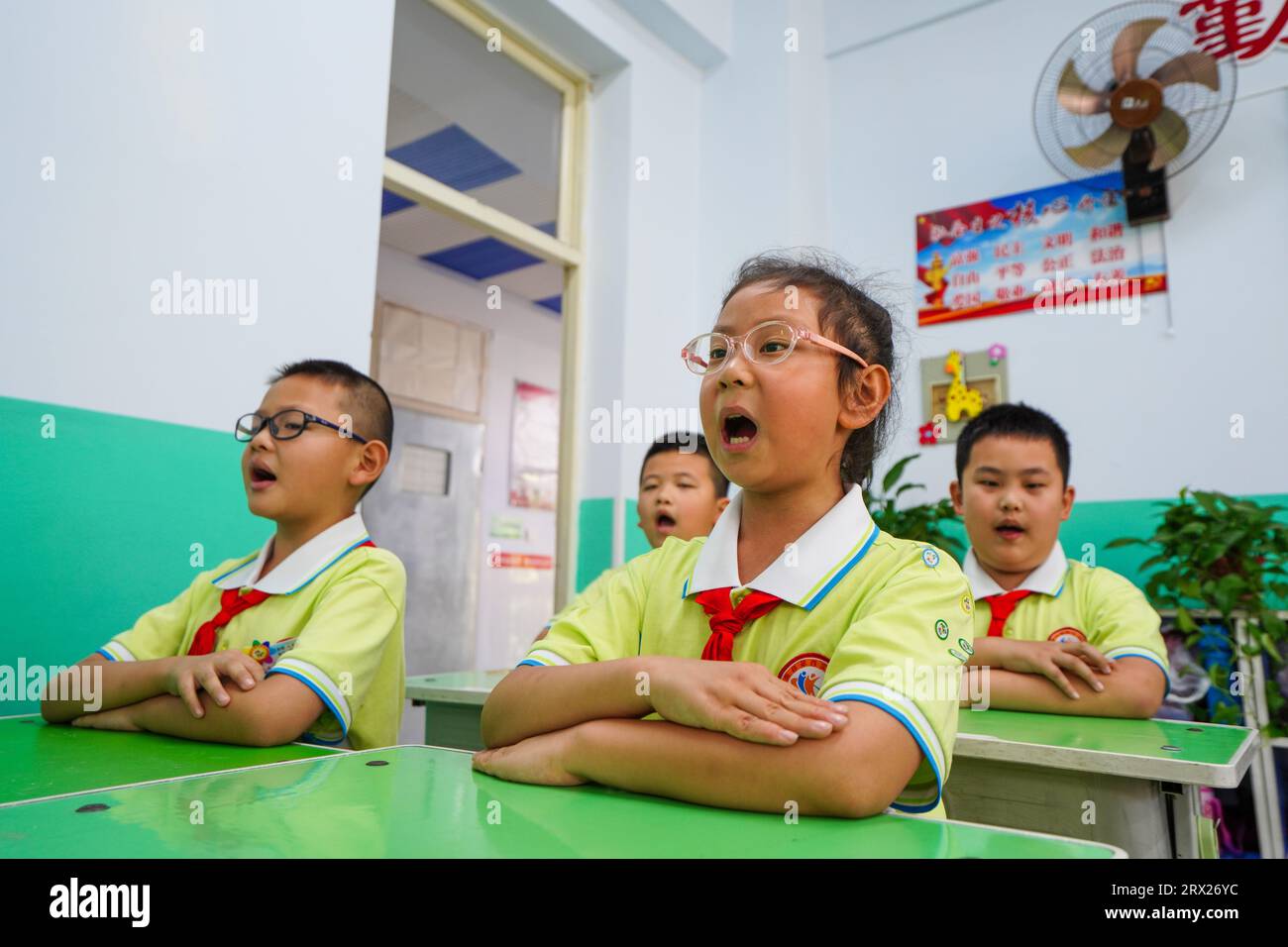 Luannan County, China - September 7, 2022: Pupils are reading poems ...