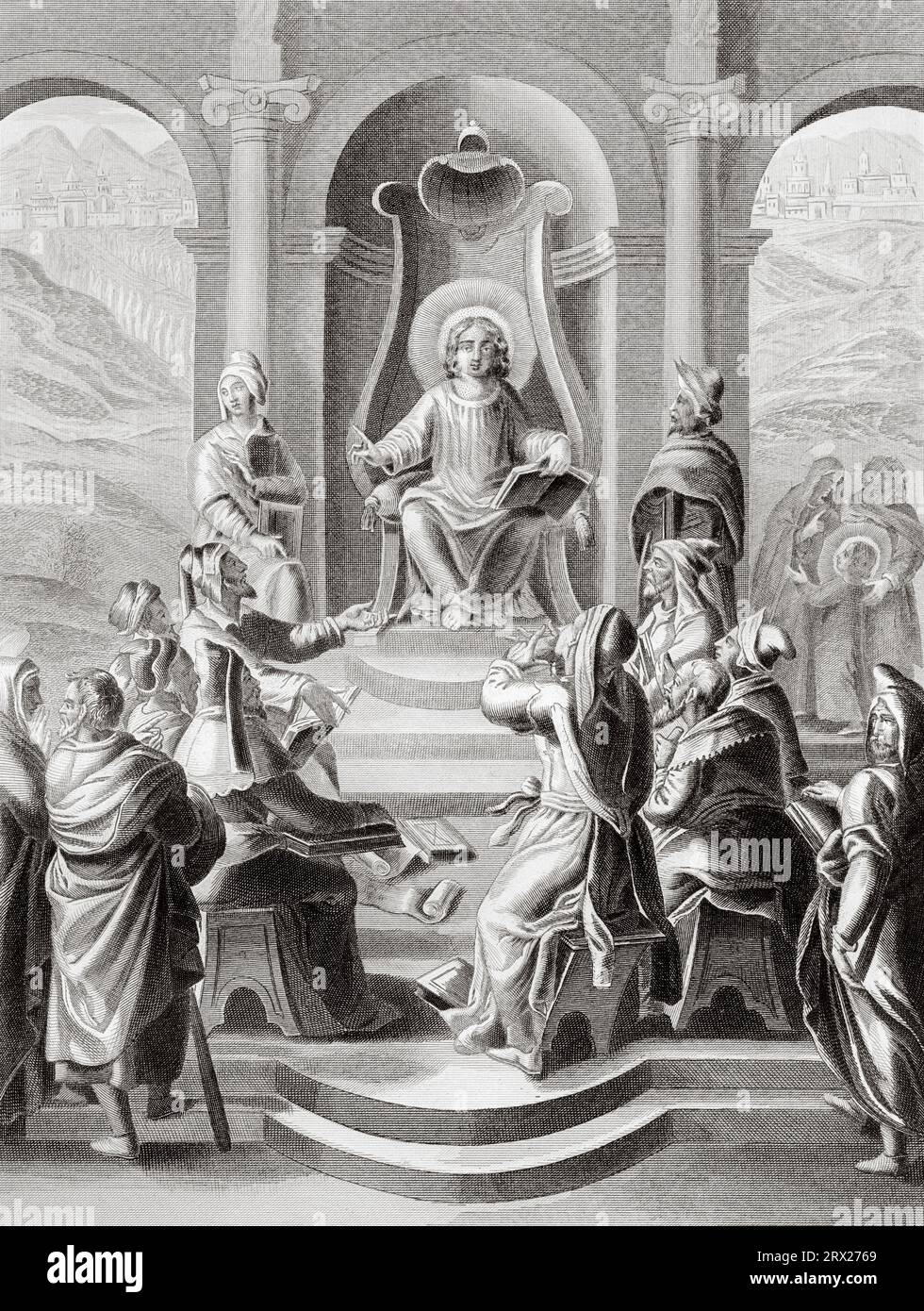 The twelve year old Jesus in the temple. Virgin Mary and Joseph found ...