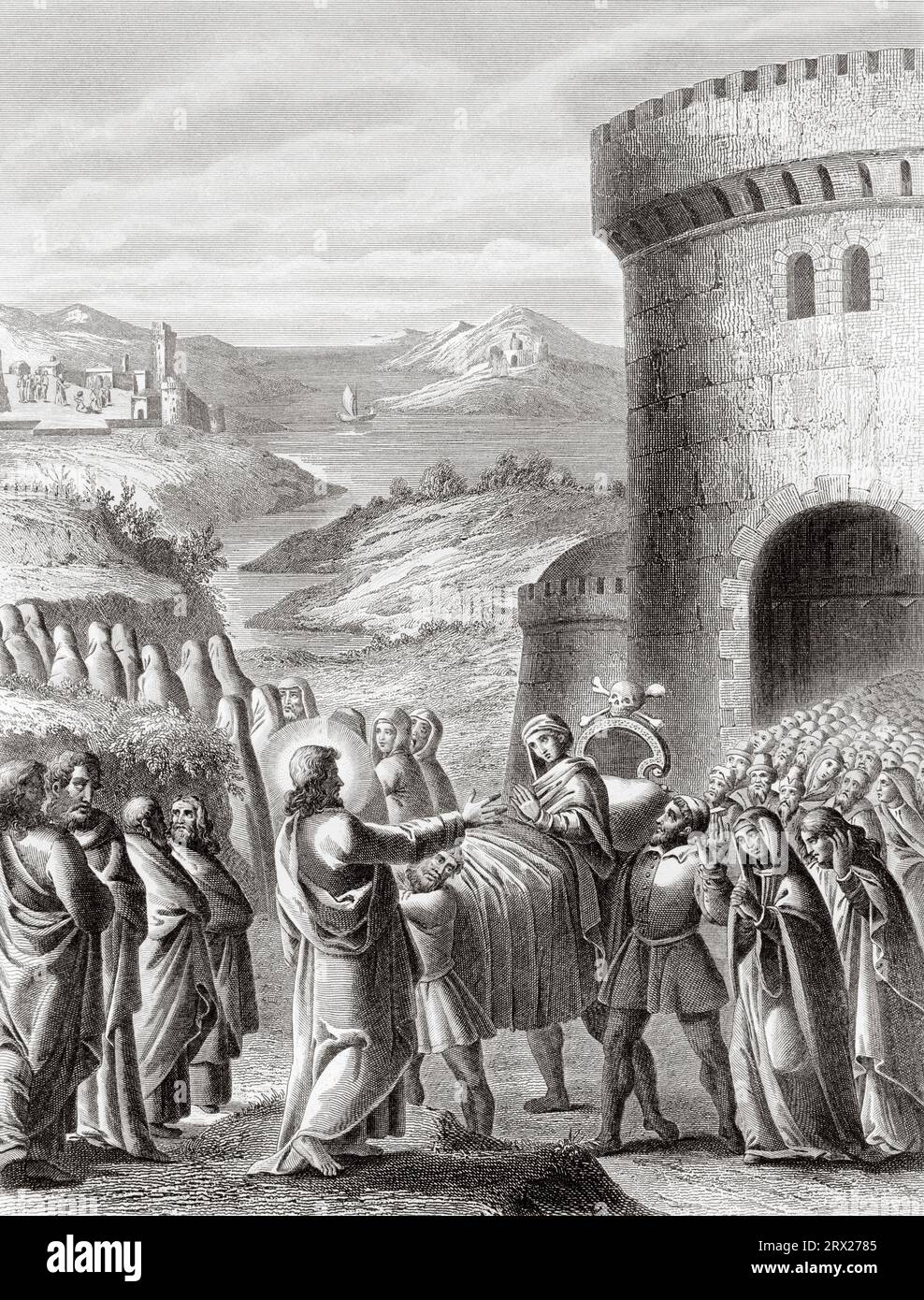 Jesus resurrects the son of the widow in Nain. Illustration for The life of Our Lord Jesus ...