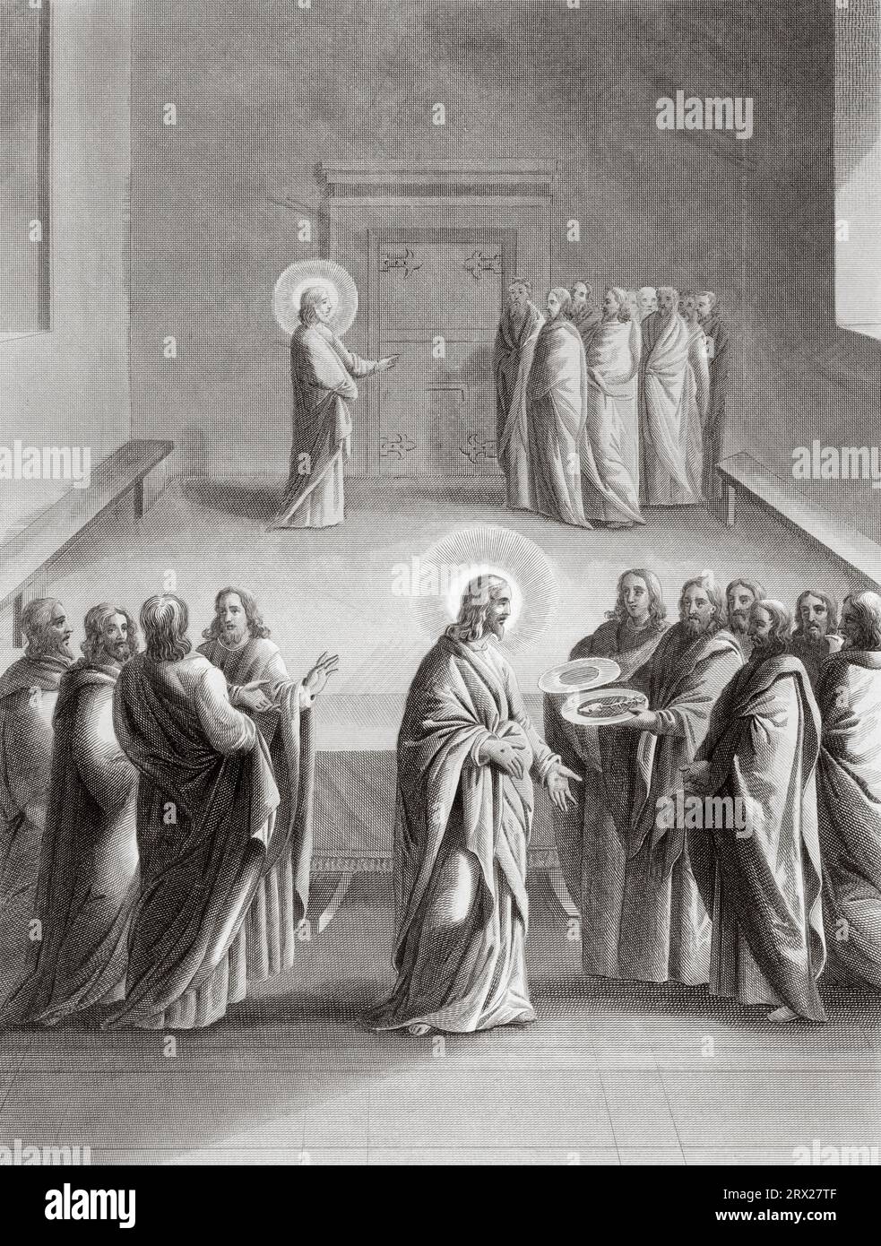 Jesus appears to his apostles and eats in their presence. Illustration ...