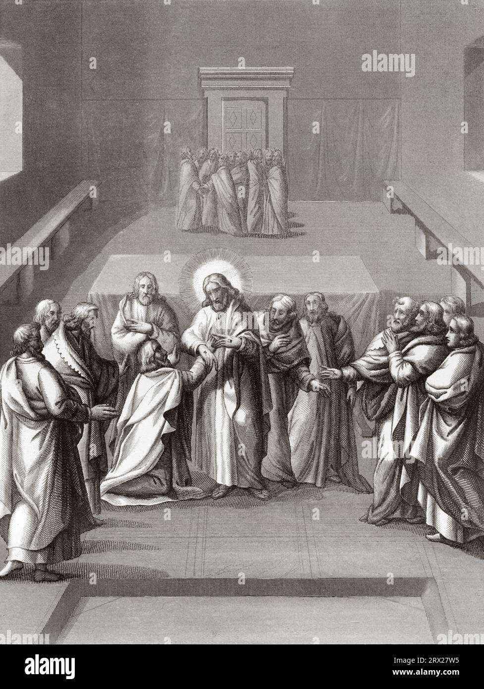 Jesus appears again to his apostles. Thomas recognizes him and adores ...