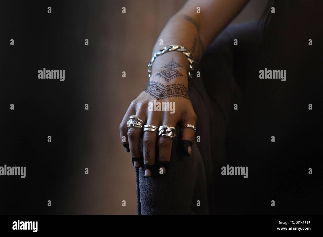 A hand of Swedish Eurovision 2023 winning artist Loreen during an ...