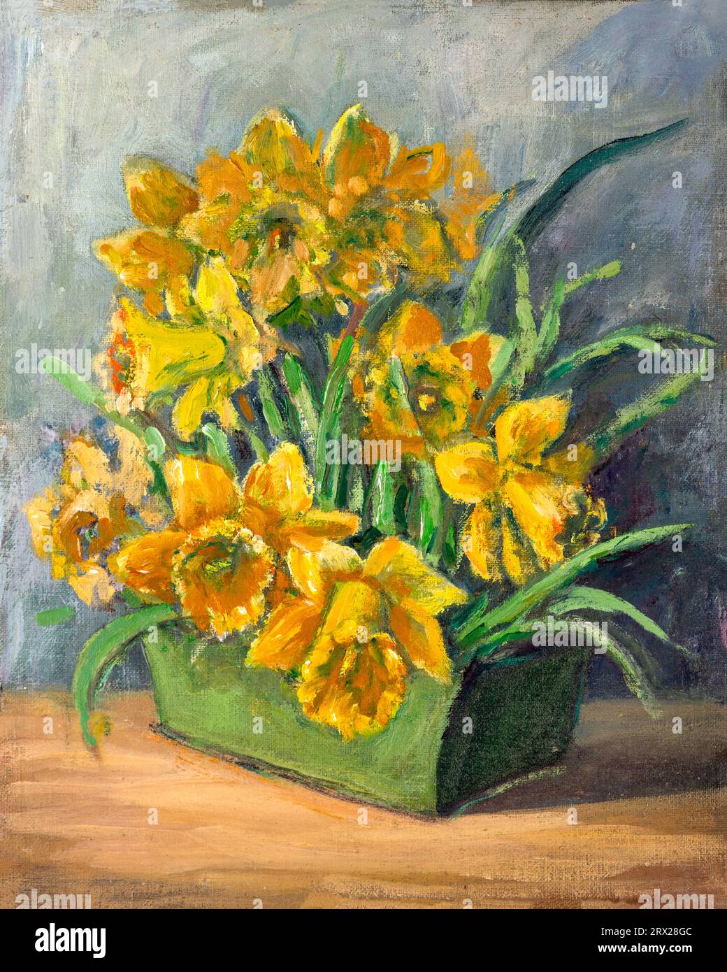 Still life oil painting depicting yellow daffodil flowers in a green ...