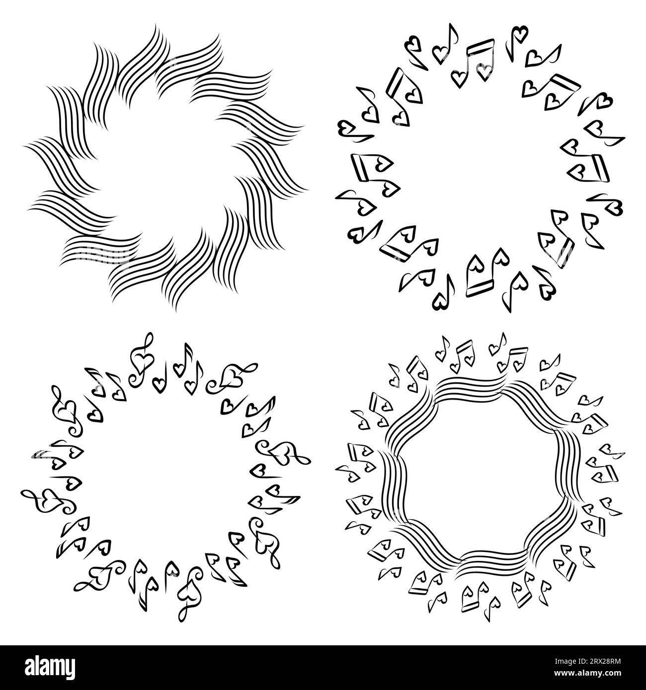 Set of musical theme round frames with notes heart shape and clef ...