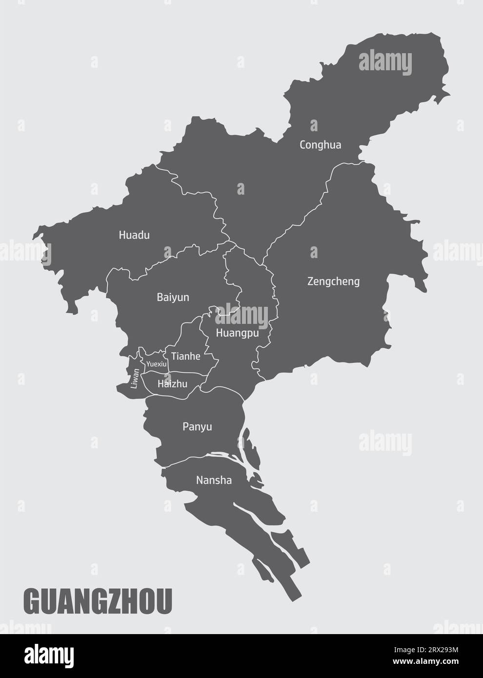 Guangzhou city administrative map isolated on gray background, China ...