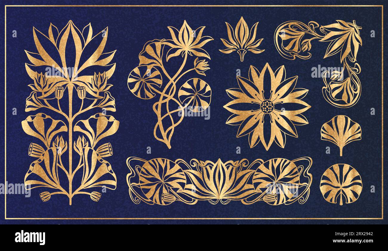 Floral lotus plant in art nouveau 1920-1930. Hand drawn in a linear ...