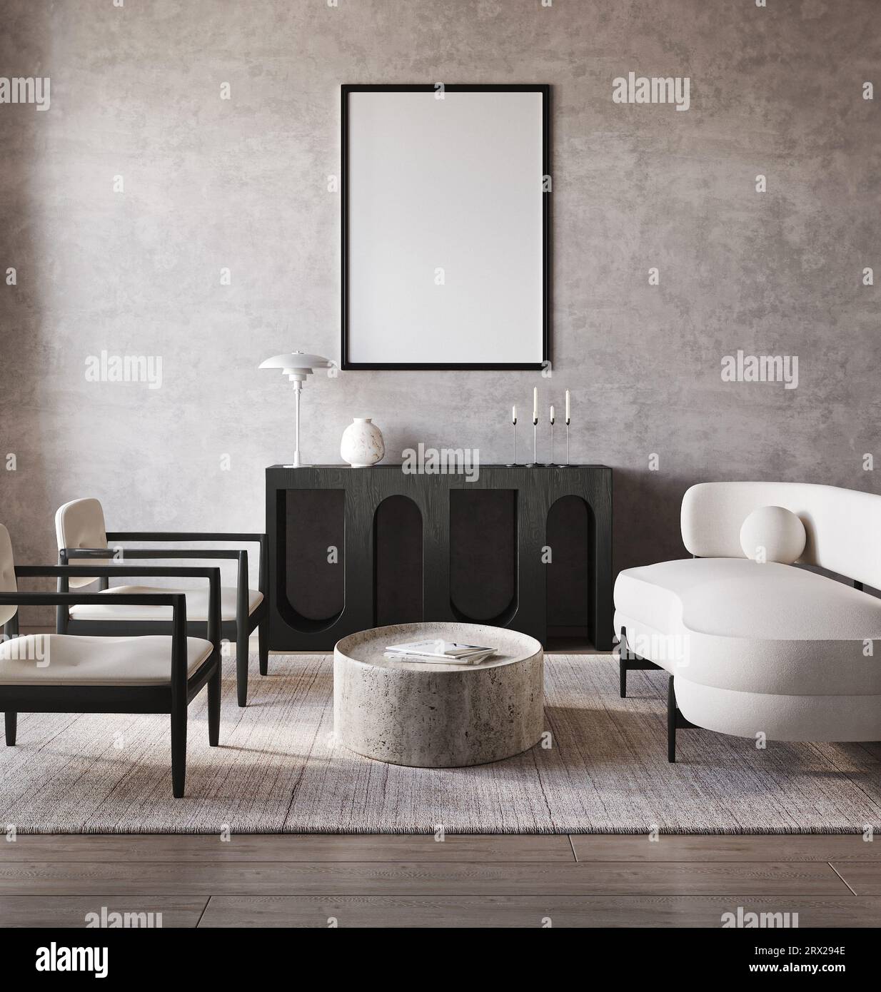 Boho beige livingroom interior design with 1 picture frame on grey wall ...