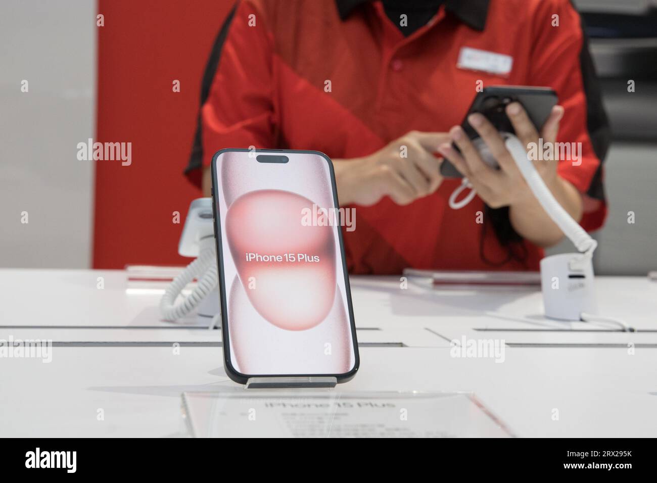 iPhone 15 series handsets on display at a store in Taiwan on September ...