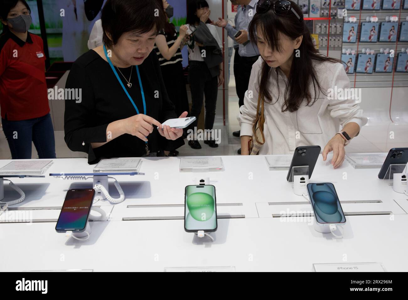iPhone 15 series handsets on display at a store in Taiwan on September ...