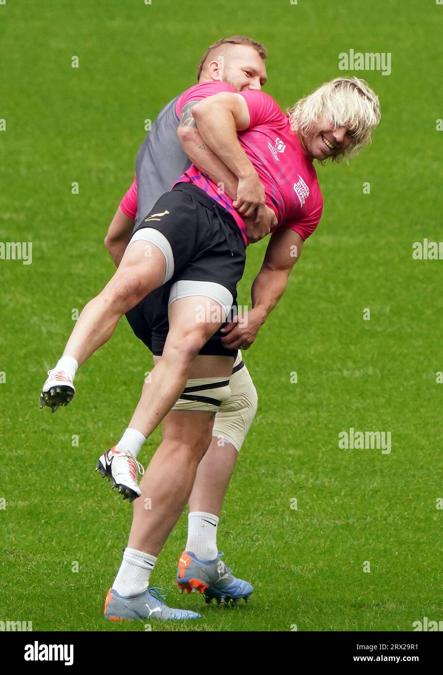 South Africa's RG Snyman carries team-mate Faf de Klerk during the Captain's Run at the Stade de ...