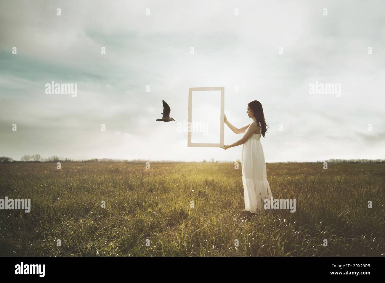 bird escaping through a surreal window held by a woman, concept of ...