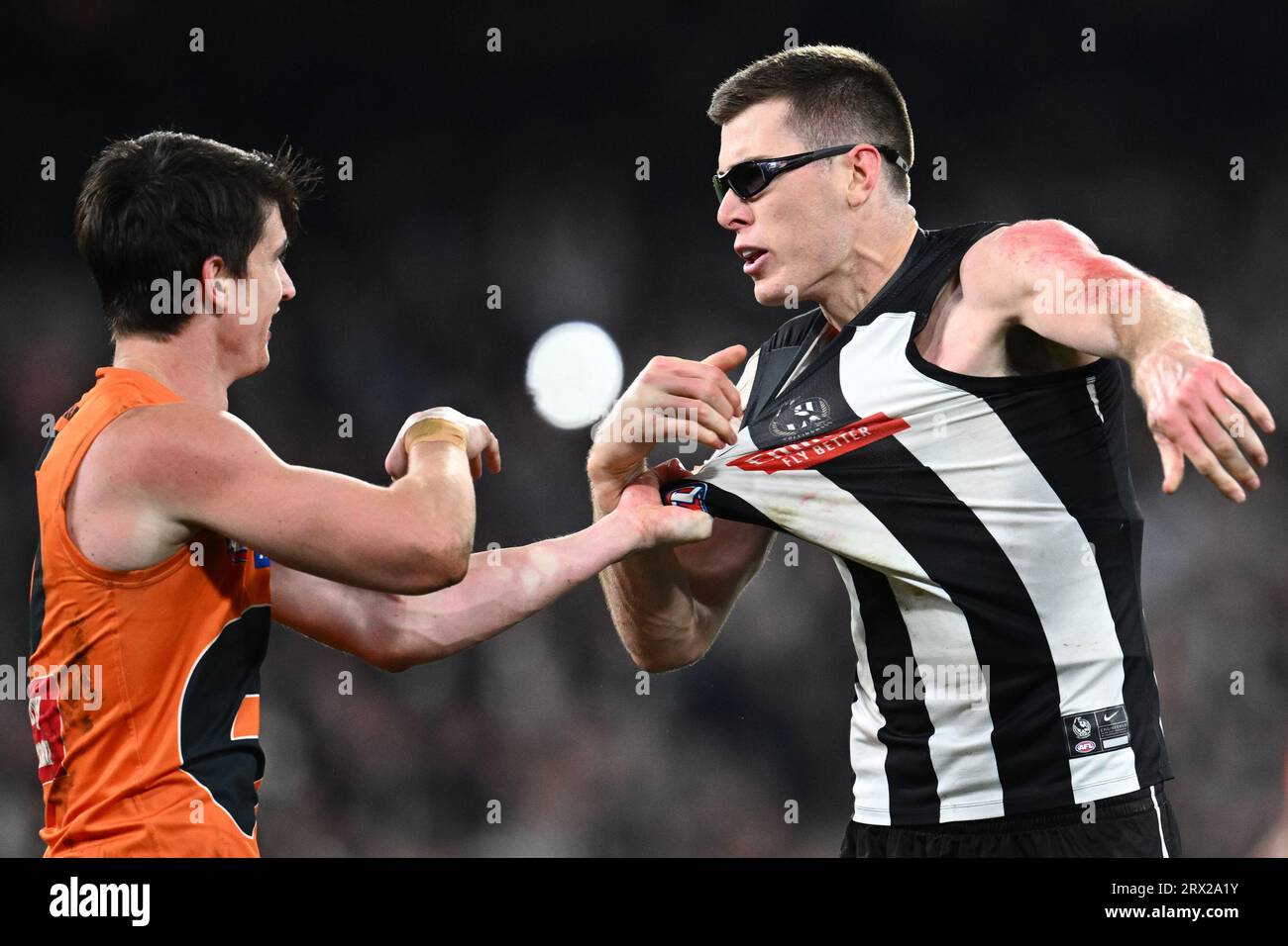 Melbourne, Australia. 22nd Sep, 2023. Mason Cox of Collingwood scuffles ...