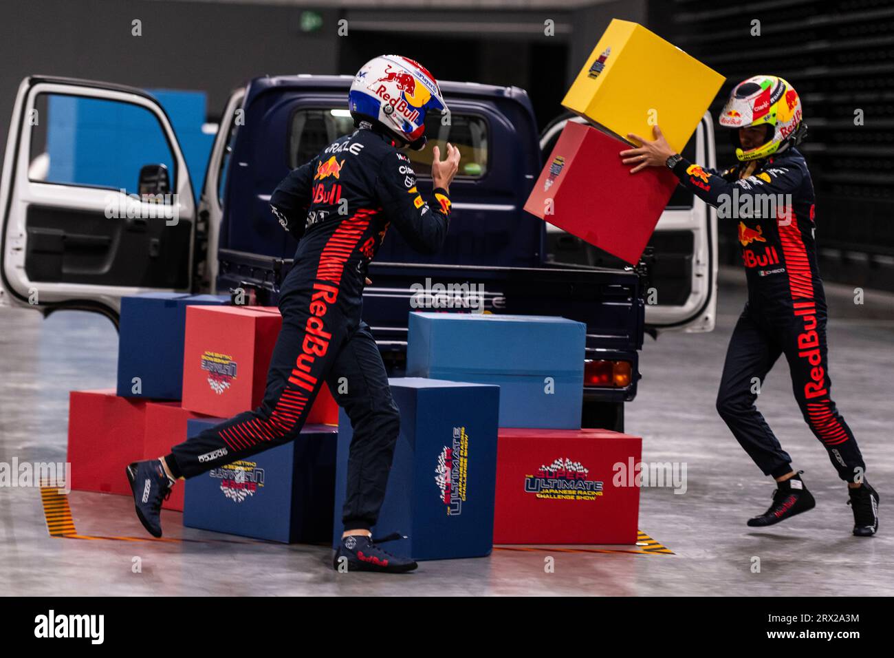 Oracle Red Bull Racing and Scuderia AlphaTauri drivers stopped at Tokyo's Ariake Stadium ahead ...