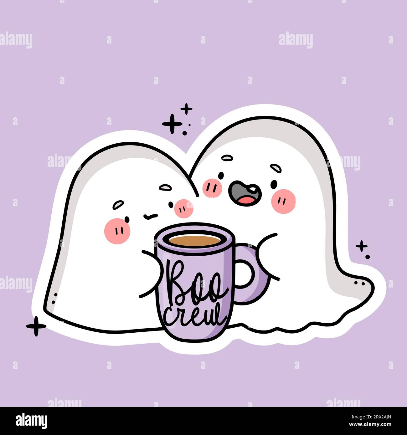 Cute kawaii ghosts with coffee mug. Boo crew quote. Vector illustration Stock Vector Image & Art ...