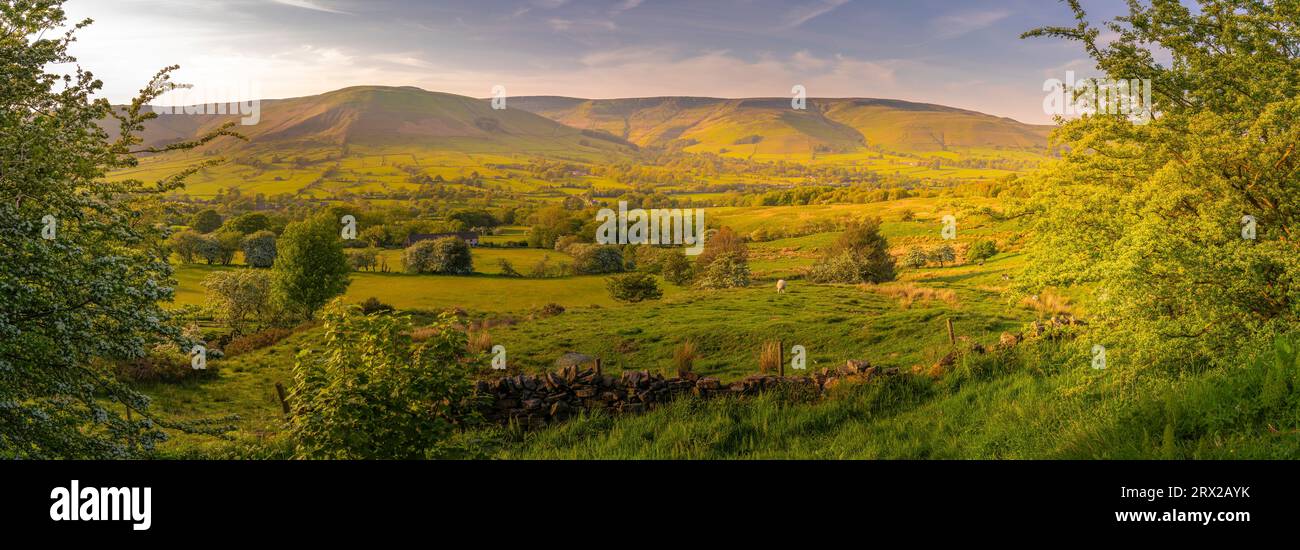 View of landscape toward Edale village in spring, Derbyshire Dales ...