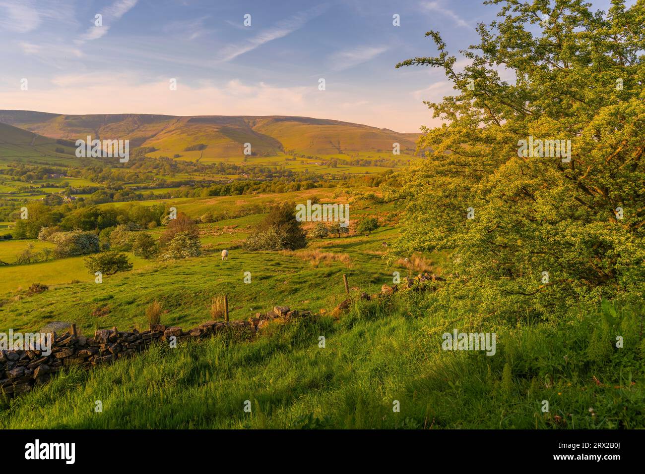 View of landscape toward Edale village in spring, Derbyshire Dales ...