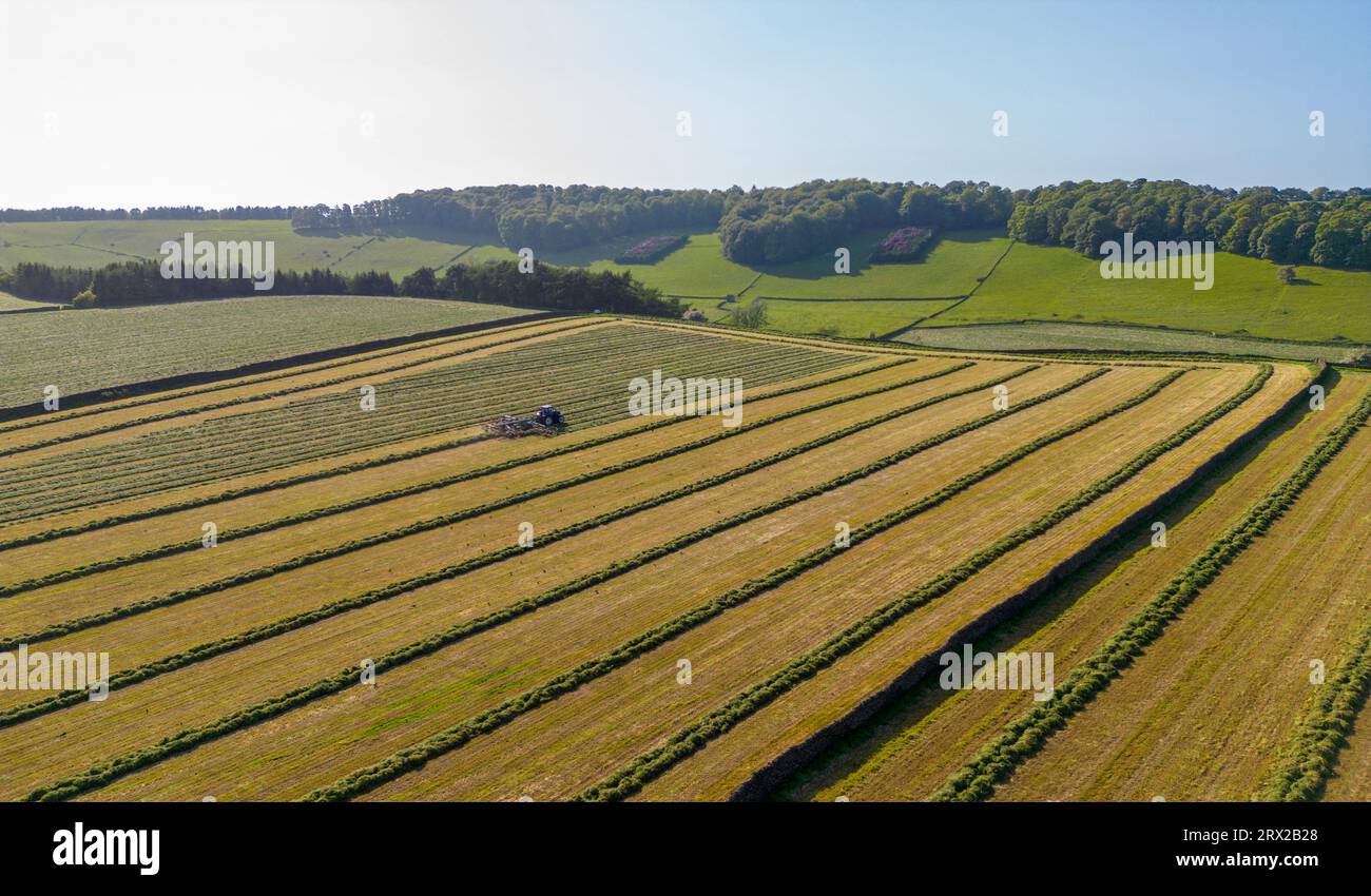 Aerial view of hay fields near Baslow village, Peak District National ...