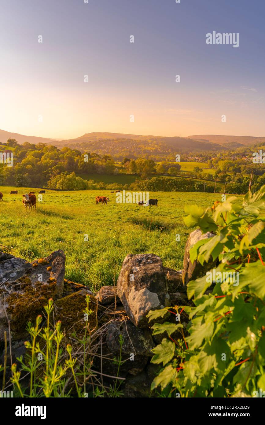 View of landscape towards Hope village in spring, Peak District ...