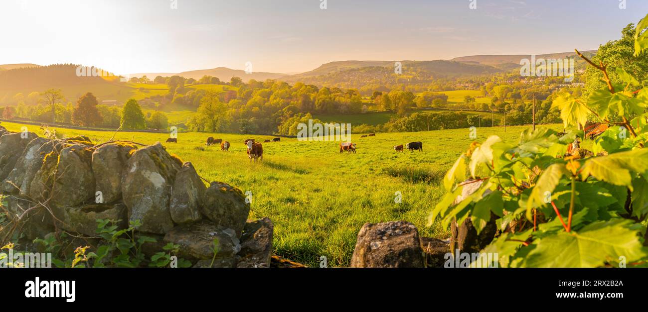 View of landscape towards Hope village during spring, Peak District ...