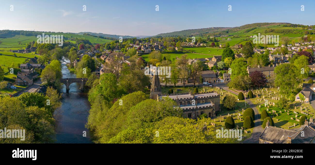 Aerial view of river Derwent and Baslow village, Peak District National ...