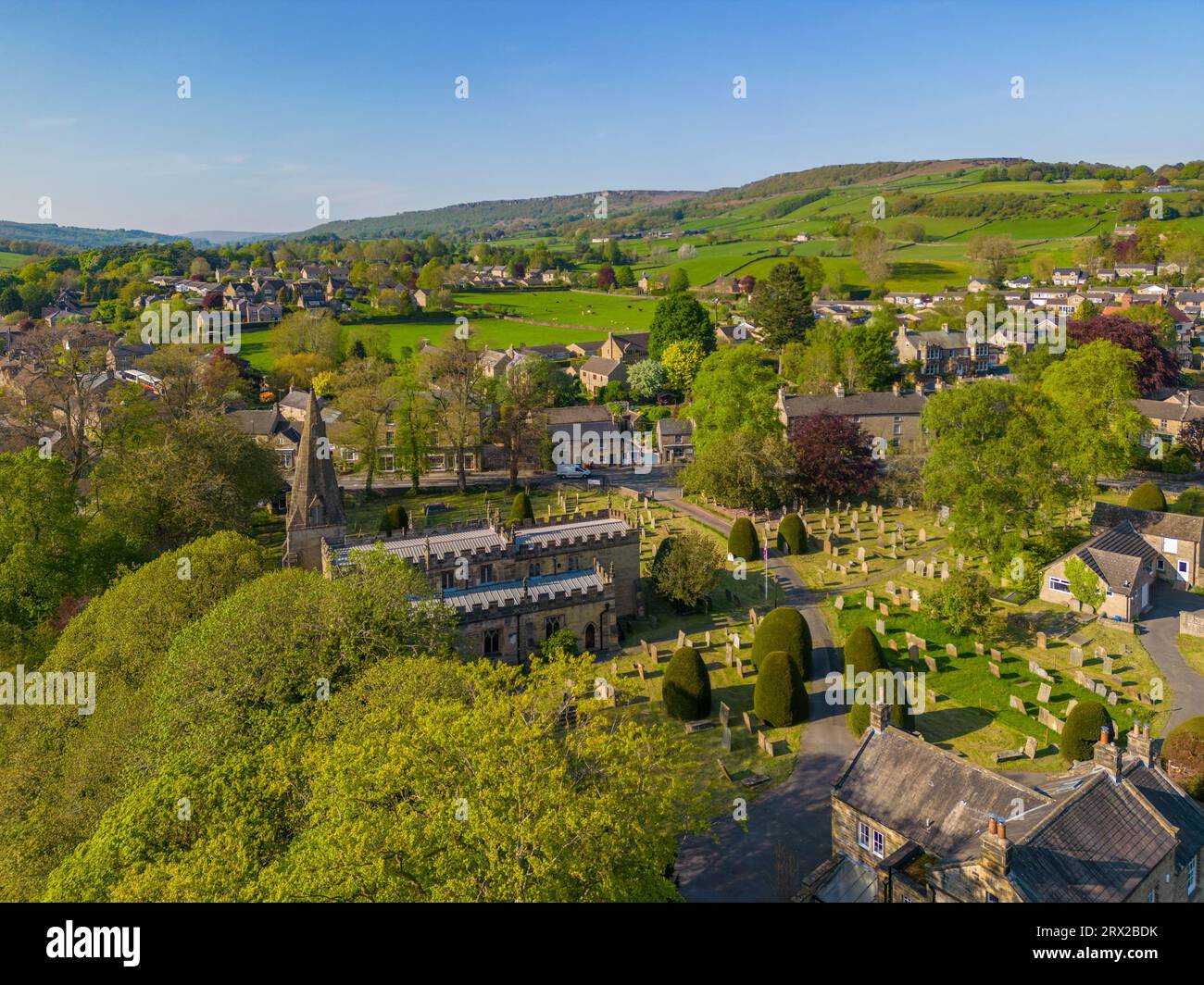 Aerial view of Baslow village, Peak District National Park, Derbyshire ...